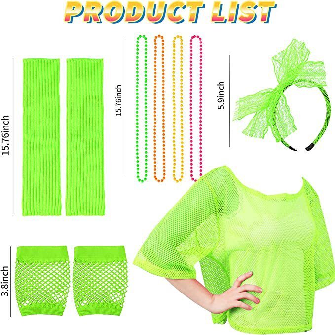 Book Week Ladies 80S Neon Disco Retro Mesh Top Necklace Headband ...