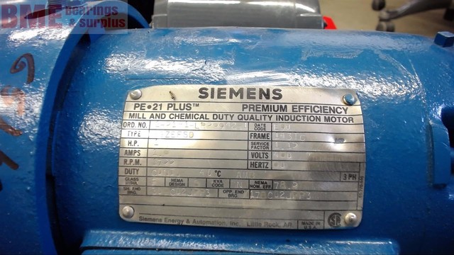 Siemens PE 21 Plus 1 HP 143 TC 3 Phase AC Motor 1755 RPM 460 Volts 60 ...