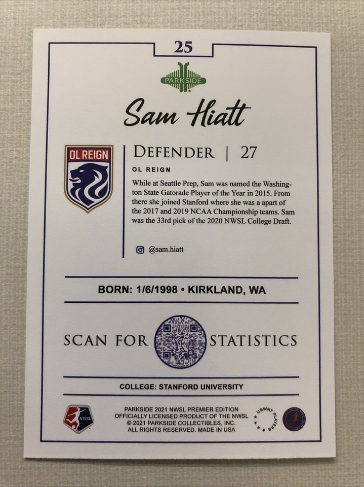 Sam Hiatt 2021 PARKSIDE NWSL #25 SAM HIATT OL REIGN BLACK/WHITE SP NM ...
