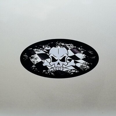 B&W Chequered Flag Skull Fade to Black Oval Vinyl Sticker Decal For Car ...