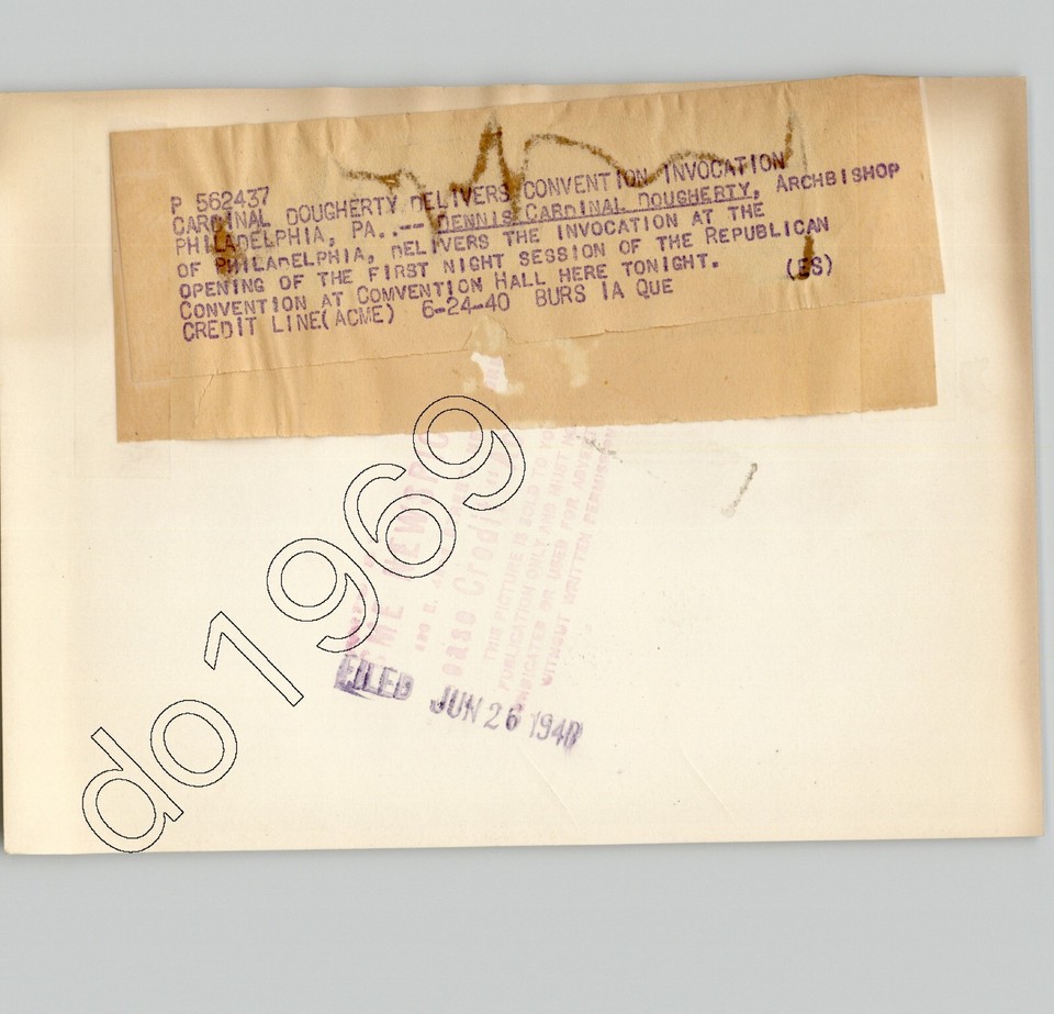 Cardinal DENNIS DOUGHERTY @ GOP Convention, PA USA 1940 ORIGINAL Press ...