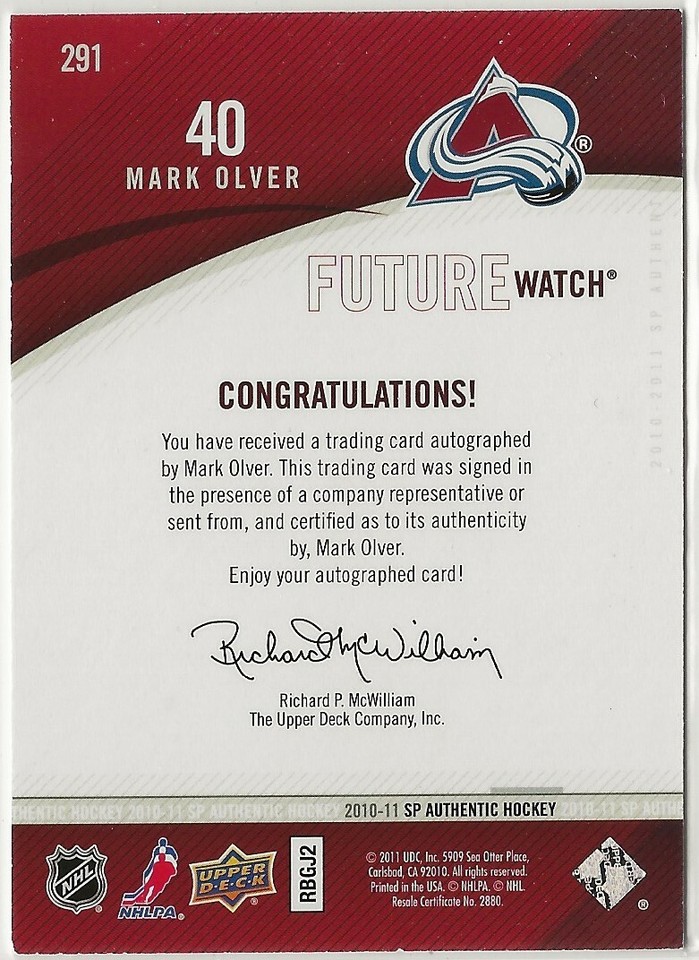 2010 2010-11 SP Authentic Future Watch Auto Rookie #291 Mark Olver 702/ ...
