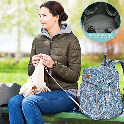 KNITTING BAG Backpack Yarn Storage Organizer Crochet Holder Flower-Blue ...