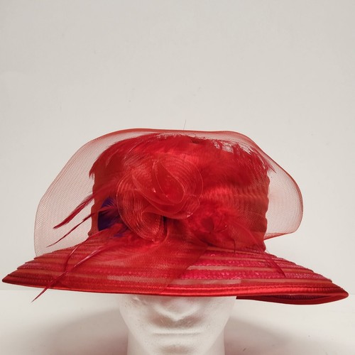Women's Red Dressy Hat Banded Silk Bows Wedding Church Derby 100% Straw ...