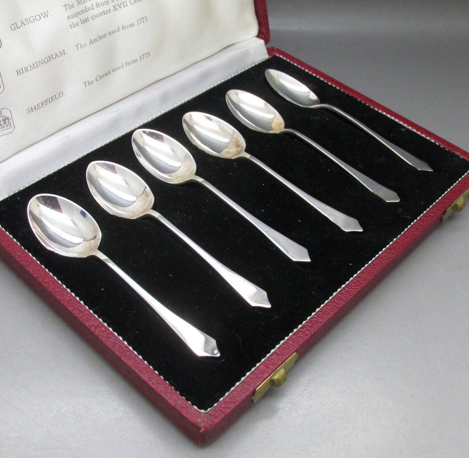 VINTAGE CASED SET 6 SOLID STERLING SILVER "ASSAY" MARKS COFFEE SPOONS ...