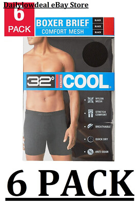 6 Pack - 32 Degrees Cool Men's Comfort Mesh Boxer Brief Black S, M, L ...