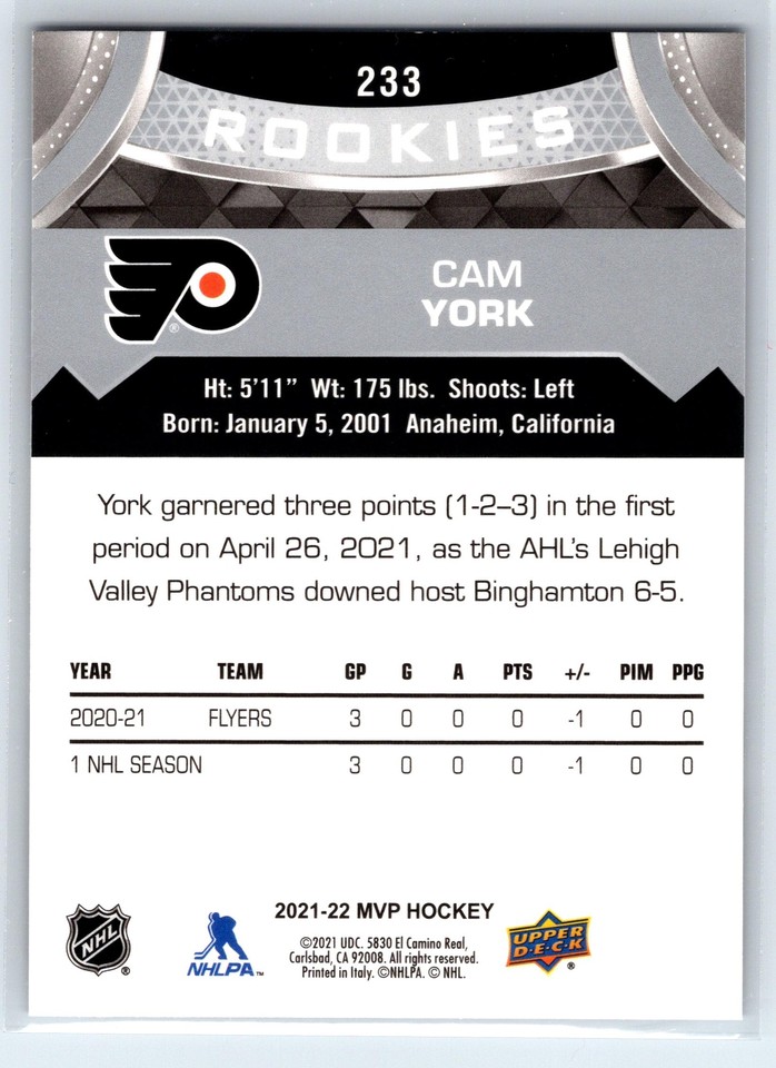 Cameron York 2021-22 Upper Deck MVP Silver Script Philadelphia Flyers ...