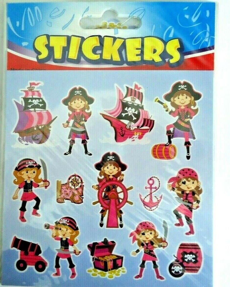 12 PINK PIRATE Sticker Sheets Childrens Girls Birthday Party Loot Bag ...
