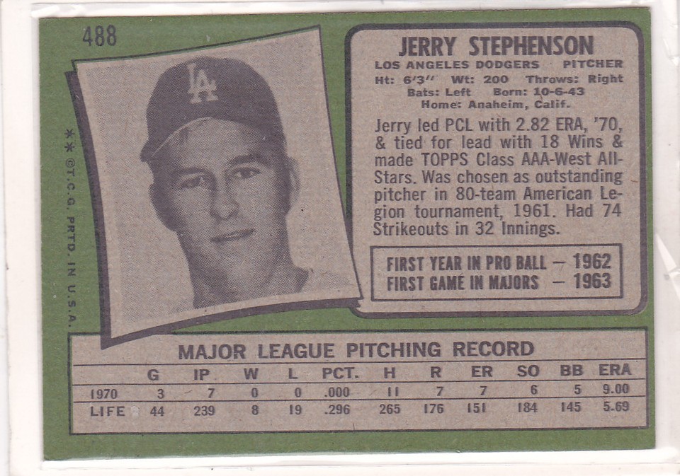 JERRY STEPHENSON 1971 Topps Baseball Card # 488 - LOS ANGELES DODGERS ...