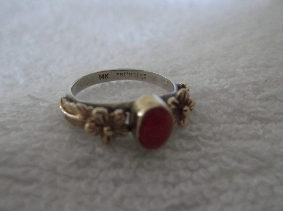 Beautiful Ox Blood CORAL Solid 14K Yellow Gold & Sterling Silver Band ...