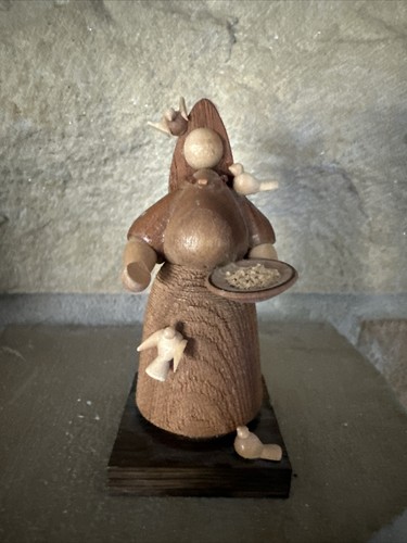 Vintage Poland Folk Art Wood Figure lady feeding birds handmade BOROWIK ...
