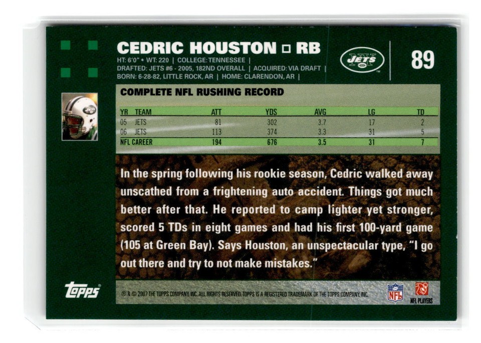 2007-Topps -#89-Cedric Houston -New York Jets | eBay
