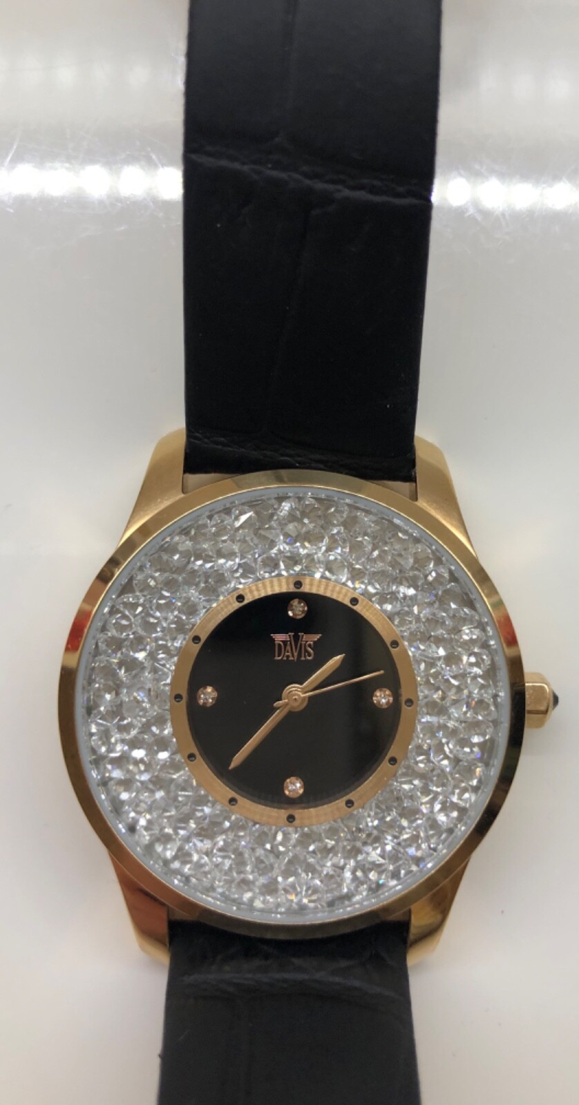 DAVIS Paris Damen Armbanduhr,Schwarz/Roségold,Swarovskisteine Weiß ...