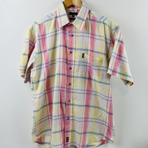 Jeep Short Sleeve Casual Dress Shirt Logo Cotton Yellow Pink Check Size ...