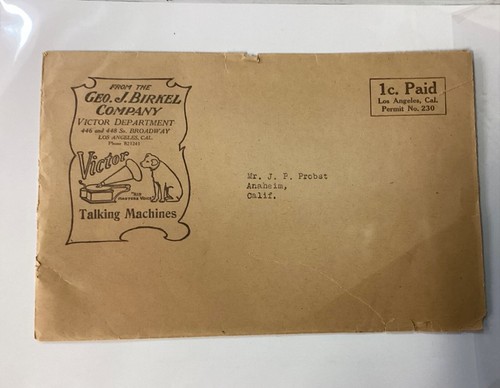 Geo J Birkel Co RCA Victor Nipper Dog Record Store Los Angeles 1 Cent ...