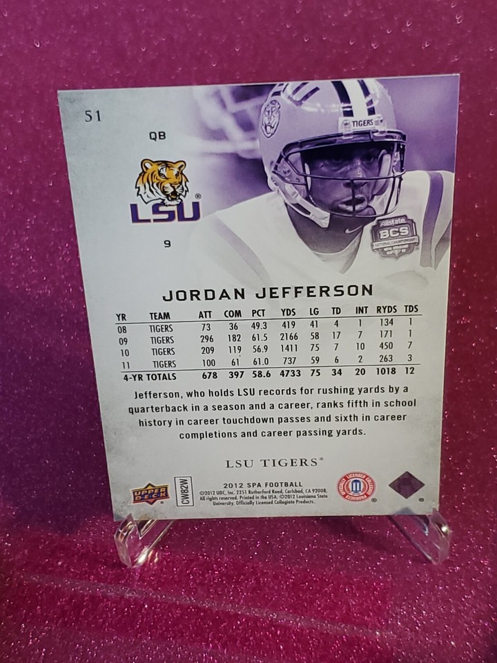 2012 SP Authentic Jordan Jefferson Rookie Card #51 - LSU Tigers | eBay
