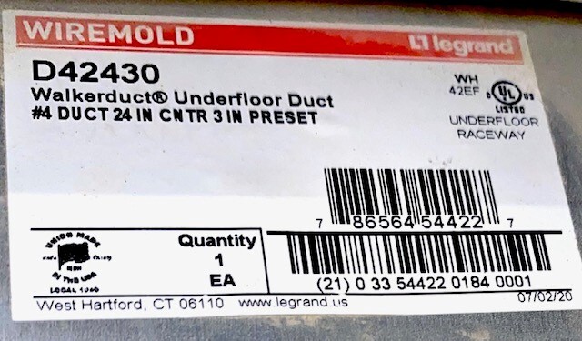 WIREMOLD WALKERDUCT D42430 UNDERFLOOR DUCT # 4 DUCT 24" CNTR 3IN PRESET ...