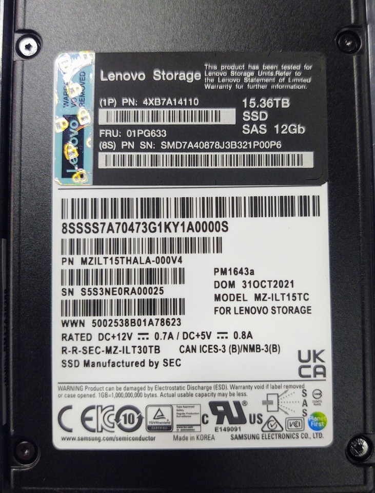 NEW PULL 4XB7A14110 Lenovo ThinkSystem DE Series 15.36TB 1DWD 2.5" SSD ...