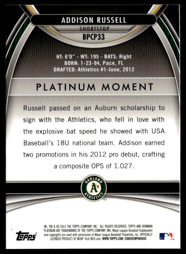 2013 Bowman Platinum #BPCP33 Addison Russell Prospects Purple Oakland ...
