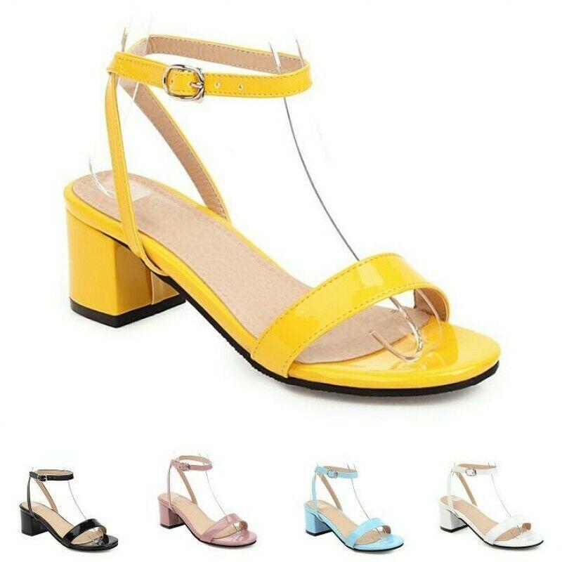 Womens Peep Toe Ankle Strappy Sandals Mid Low Block Heel Shoes Plus Sz