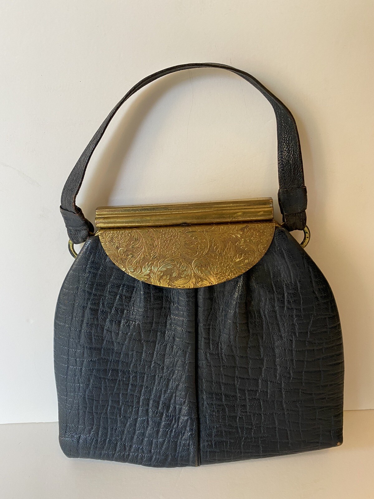 Antique 1920’s Leather Black Gold Gilt Handbag Purse … - Gem