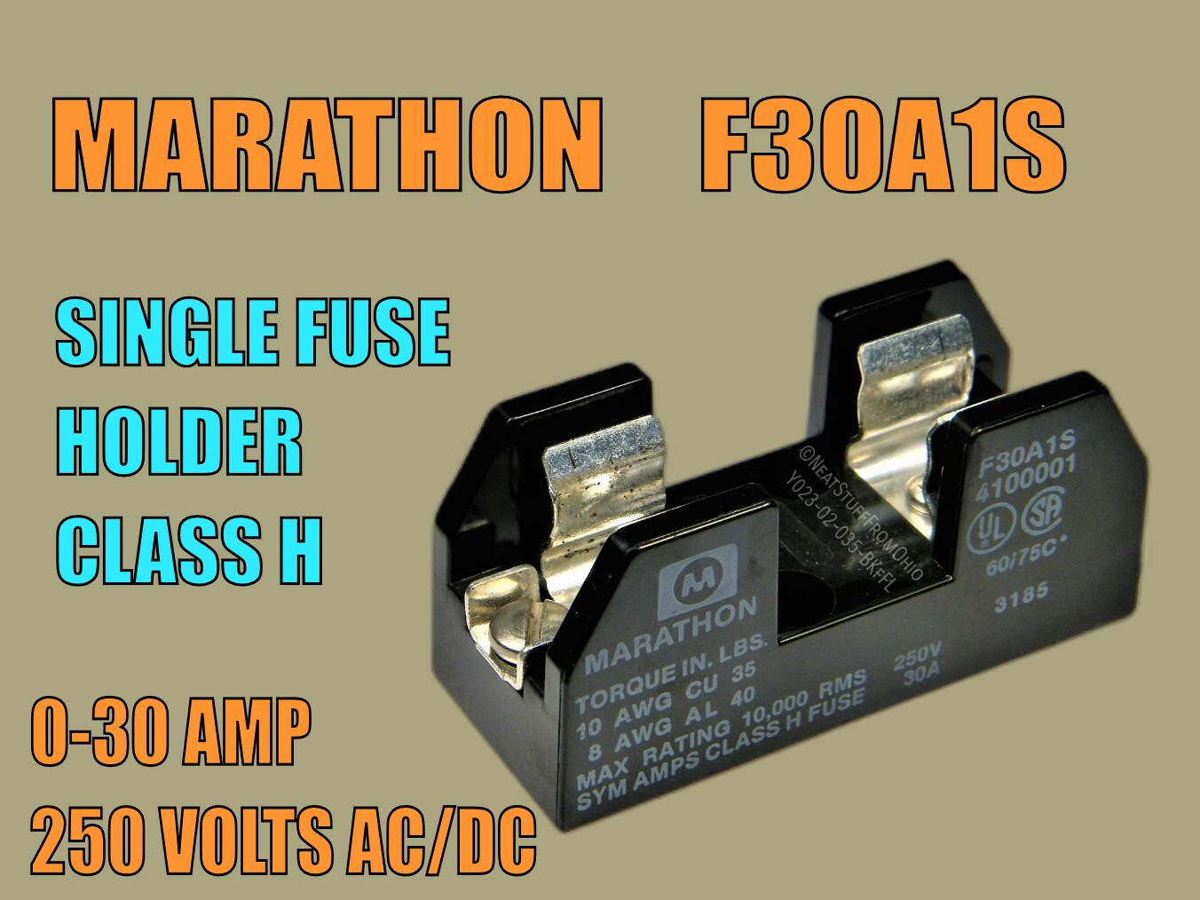 MARATHON F30A1S FUSE BLOCK, 1-POSITION, 30A/250V, 2” x 9/16” CLASS H ...