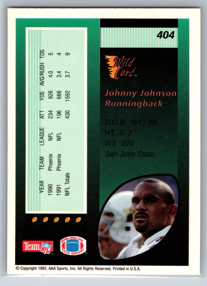 1992 Wild Card Johnny Johnson 5 Stripe Parallel Phoenix Cardinals #404 ...