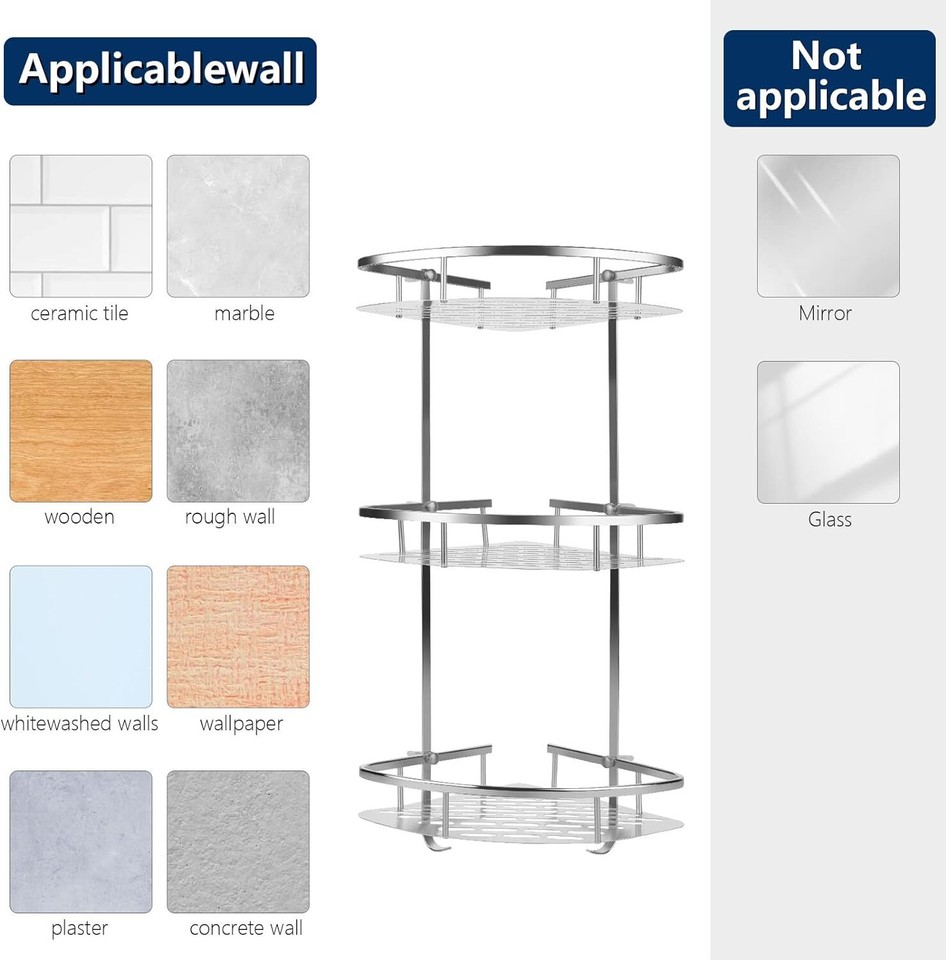 3 Tier Bathroom Corner Shower Shelf Rack Organiser Bath Accessory Sets ...