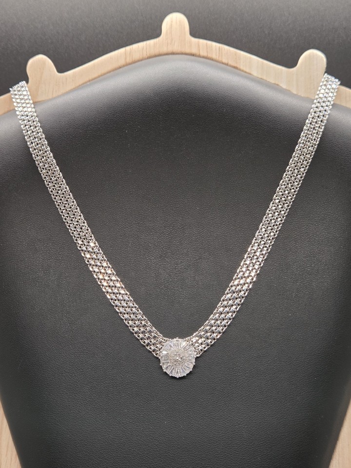 Sterling Silver 925 Mesh Chain Stationary Diamond & CZ Pendant Necklace ...