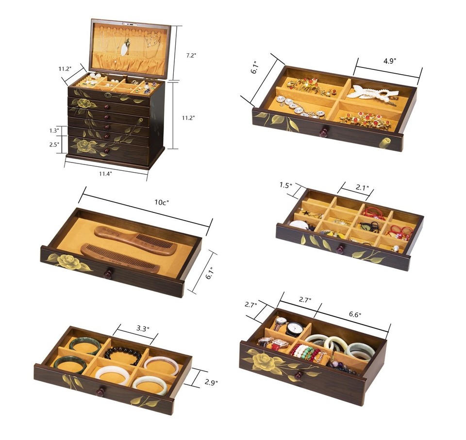 Hand-painted Wooden Jewelry Box, 6 Layer Jewelry Organizer, Vintage ...