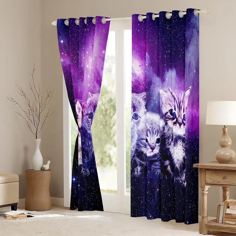 Cat Window Drapes Cute Pet Cats Curtains Outer Space Kawaii Kitten ...