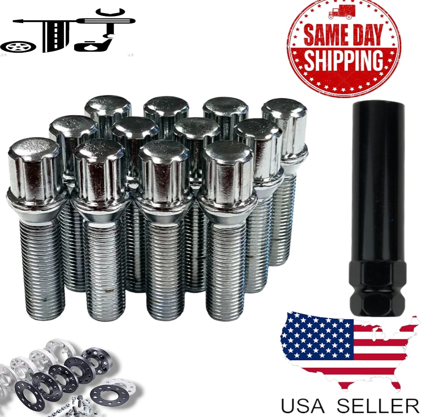 "20"" Chrome 14x1.5 Spline Tuner Lug Bolt 40mm Shank Fit Mercedes ...