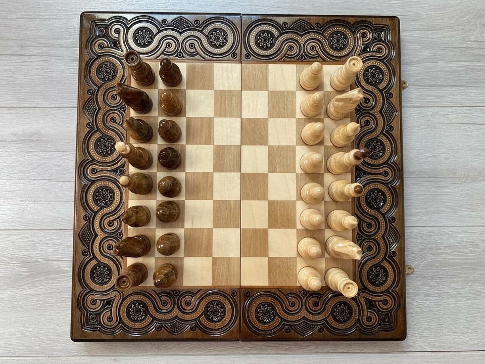 Handcarved Chess Set, Handmade Chess and Backgammon, Wooden Chessboard ...