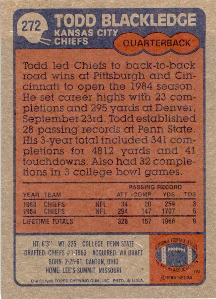 1985 TOPPS TODD BLACKLEDGE* KANSAS CITY CHIEFS #272 | eBay