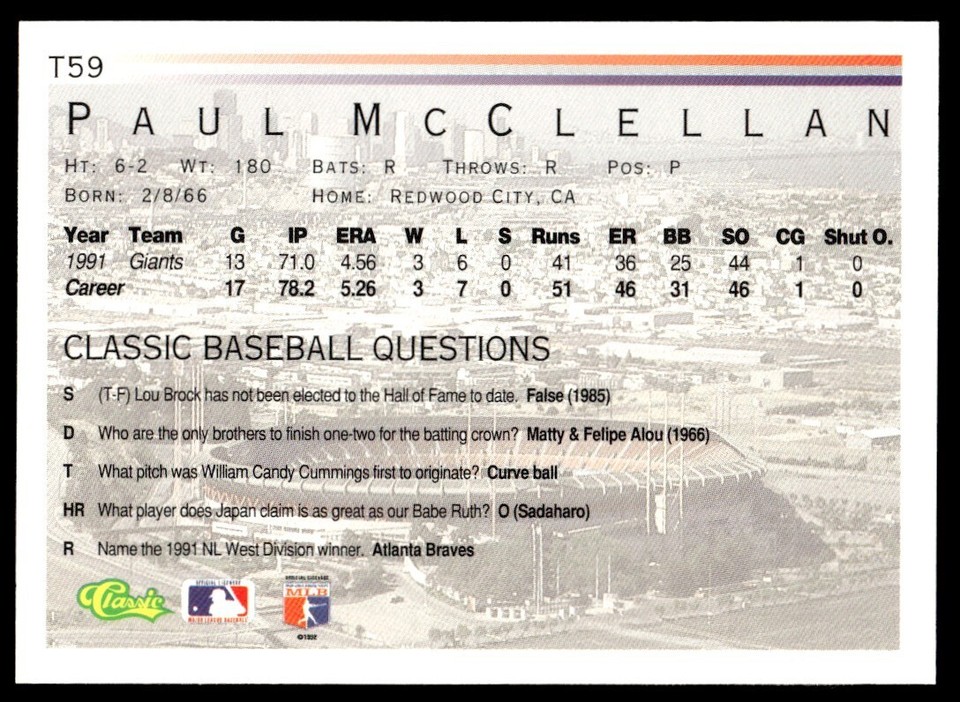 1992 Classic I #T59 Paul McClellan - San Francisco Giants | eBay