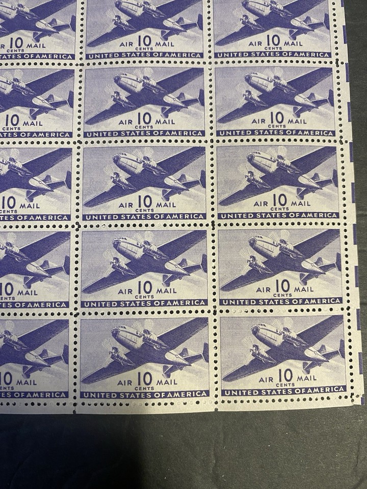 US SCOTT C27 SHEET OF 50 AIR MAIL POSTAL STAMPS 10c 1941 TRANSPORT ...