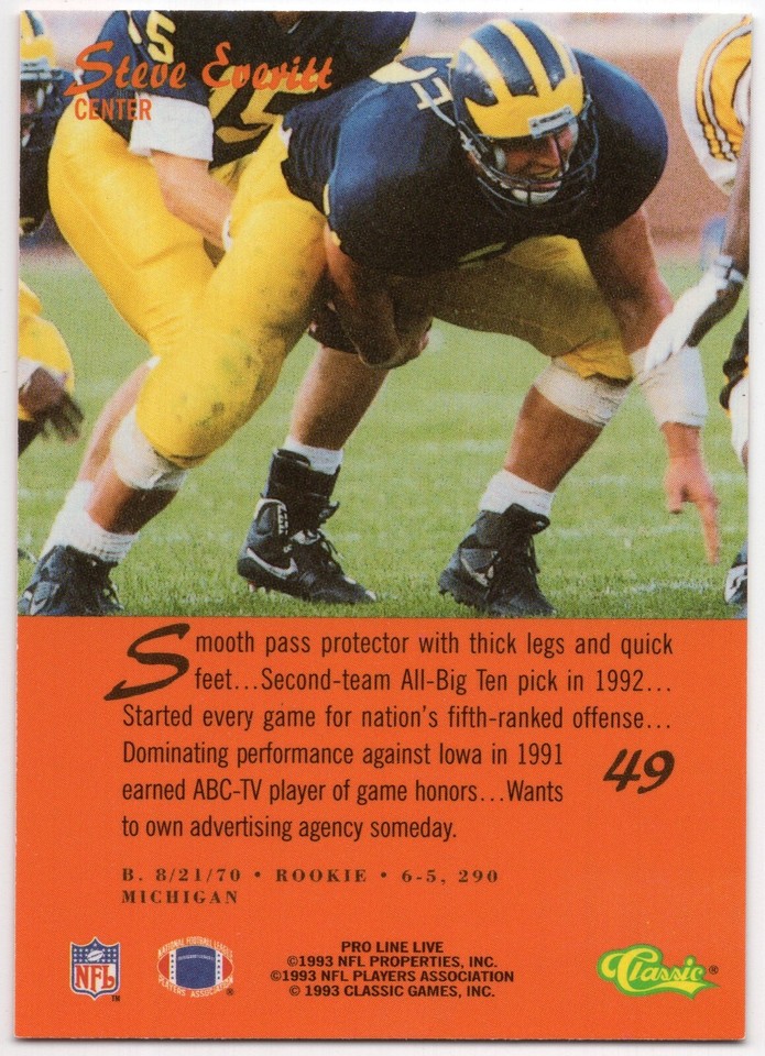 2YEL006 1993 Pro Line Live #49 Steve Everitt RC Cleveland Browns | eBay