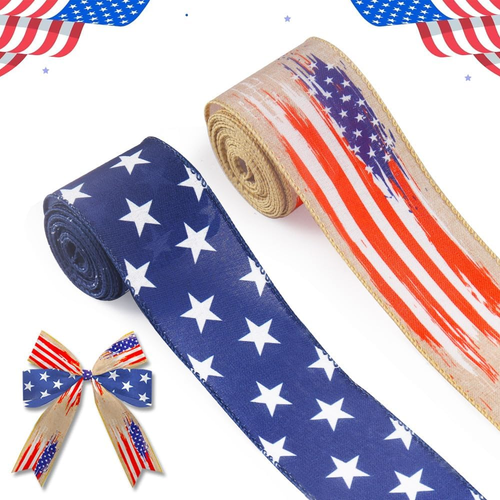 2 Rolls Patriotic Fabric Ribbon Labor Day Burlap Linen Ribbons American ...