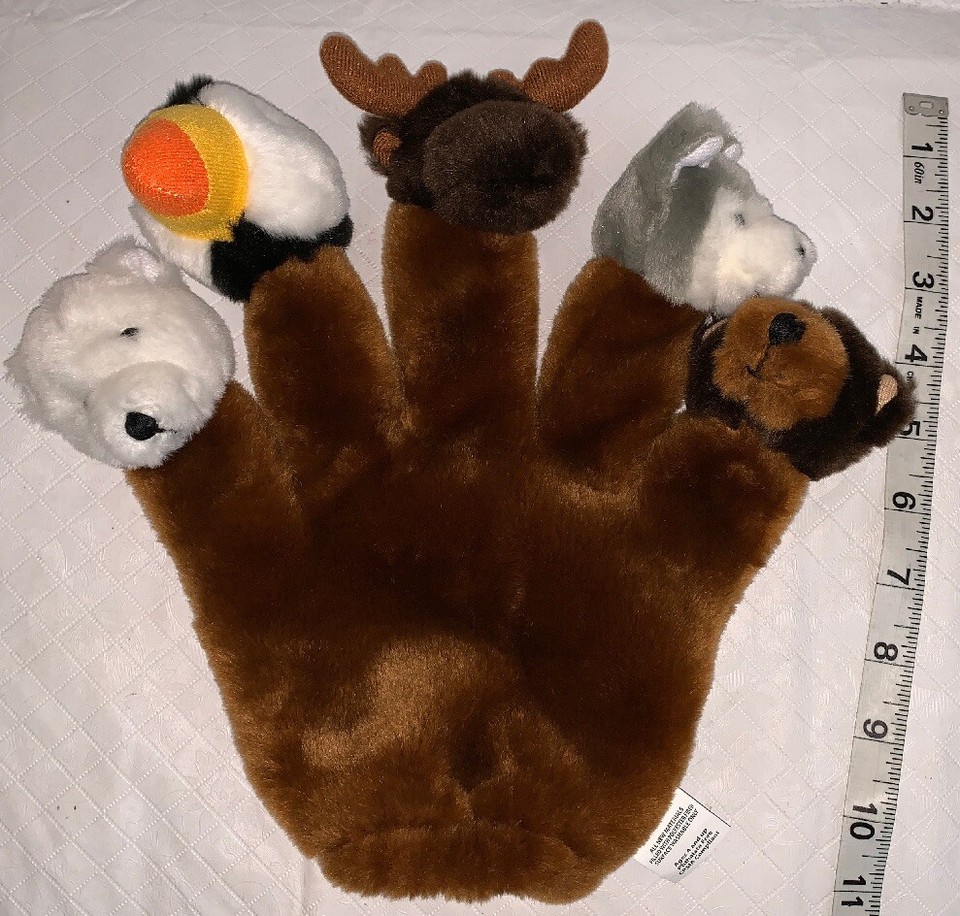 Hand Puppet Plush Animal Each Finger Puffin Polar & Black Bear Wolf ...