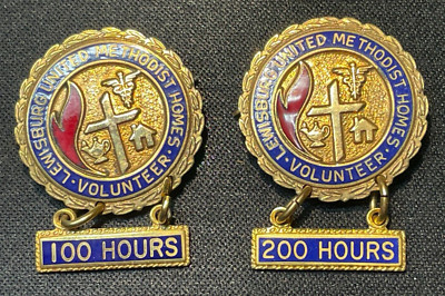 Pair Vintage Lewisburg United Methodist Homes Volunteer Gilt & Enamel ...