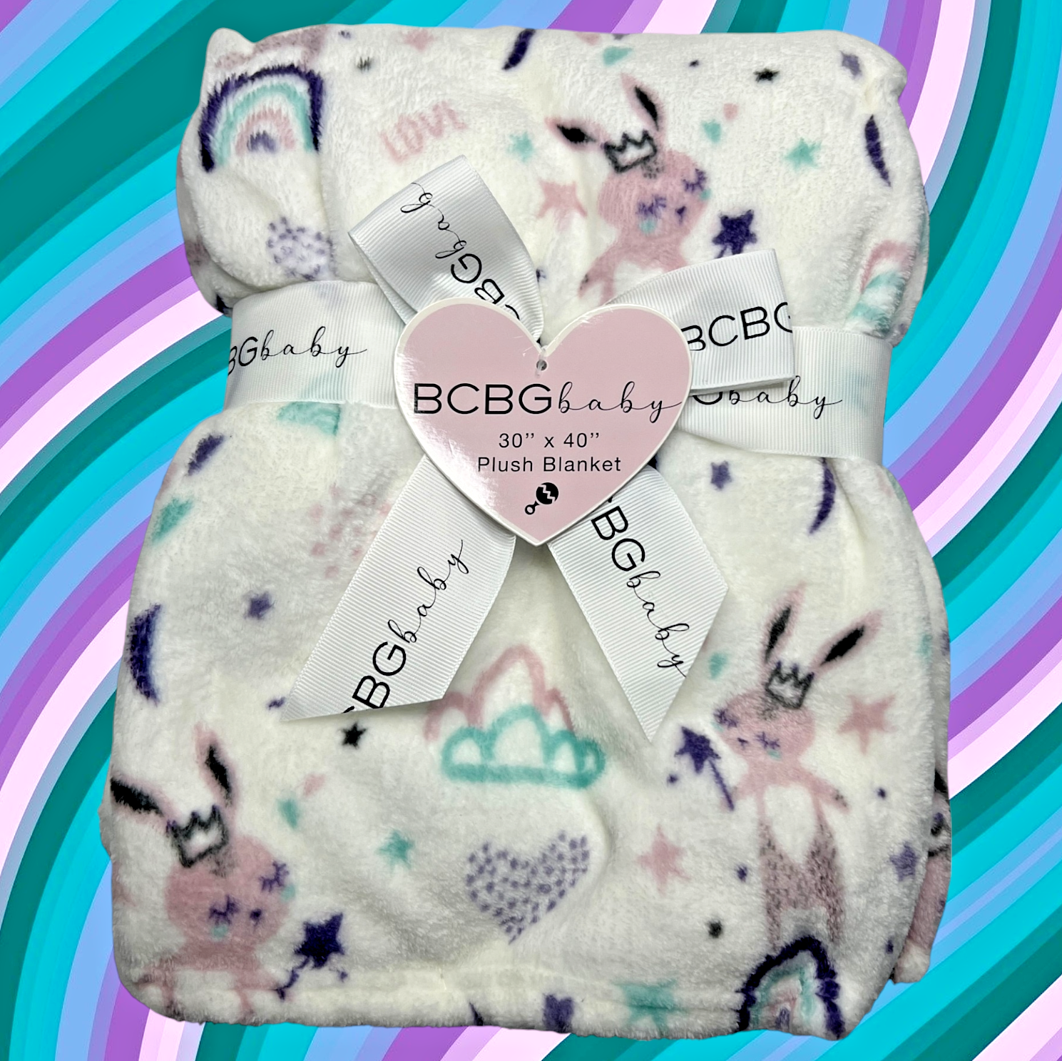 NEW BCBG Baby Blanket Rainbow Heart Moon Stars Clouds Plush Bunny ...
