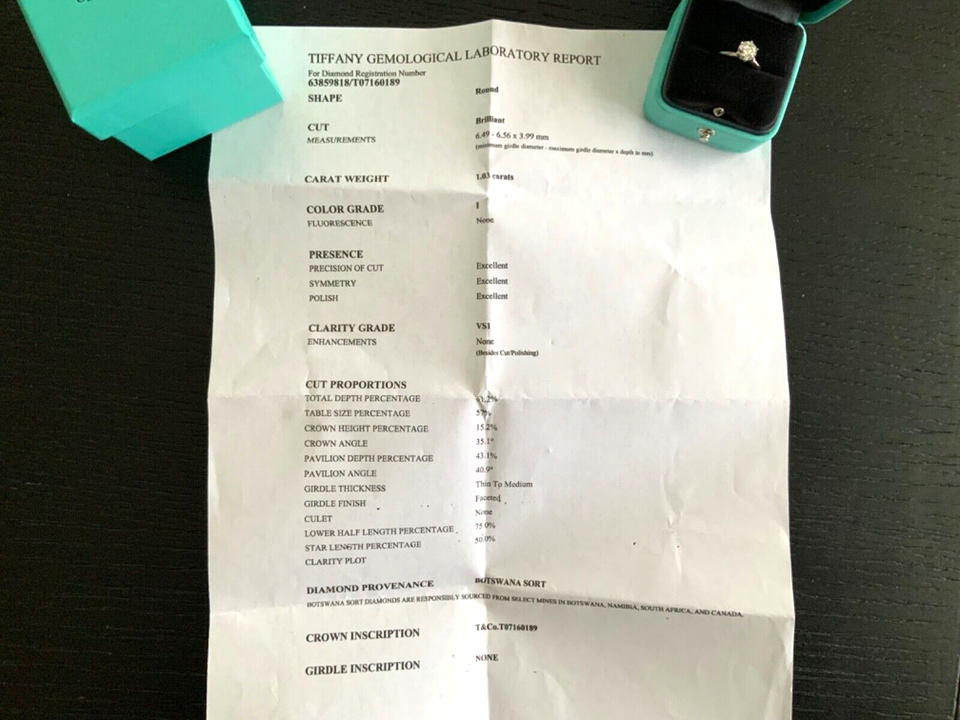 Tiffany & Co Platinum and Diamond Round Engagement Ring 1.03 CT I VS1 ...