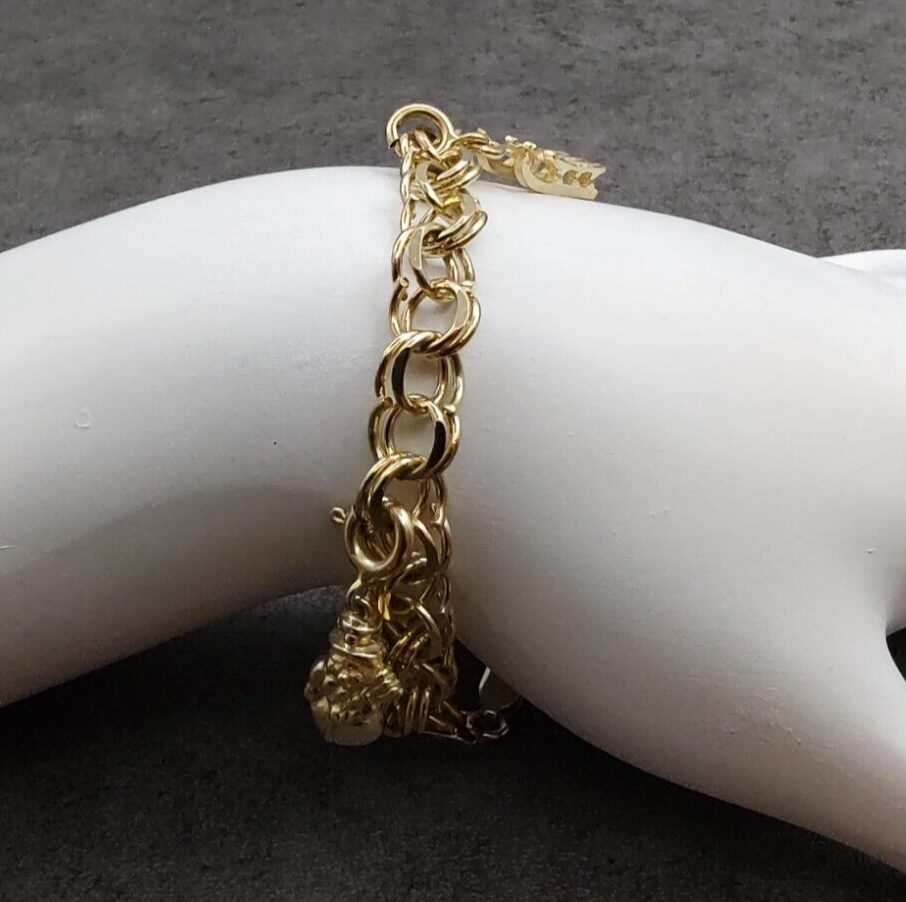 Estate CPT Peru 14K Yellow Gold Double Link Charm Bracelet & 3 Charms 8 ...