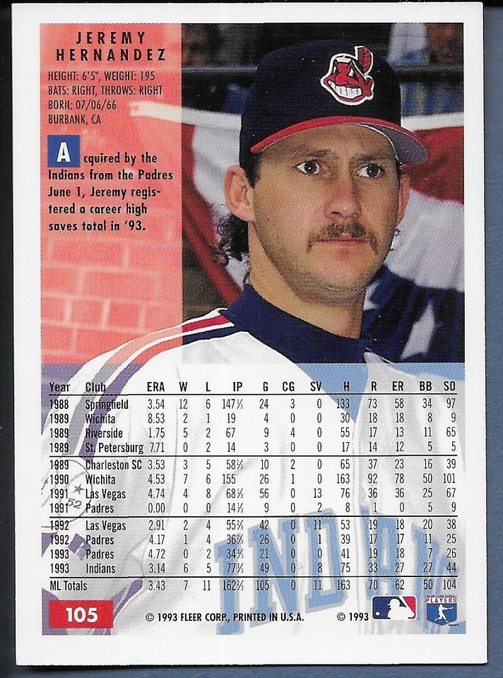 1994 Fleer Baseball Card #105 Jeremy Hernandez INDIANS NM | eBay