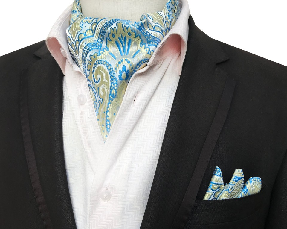 Classic Men's Ascot Cravat Tie Silk Paisley Blue Black Scarves Cravat ...