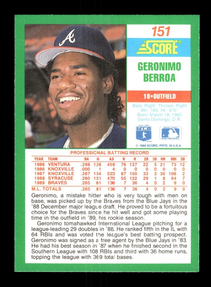 GERONIMO BERROA ⚾ 1990 Score Baseball #151 Atlanta Braves | eBay