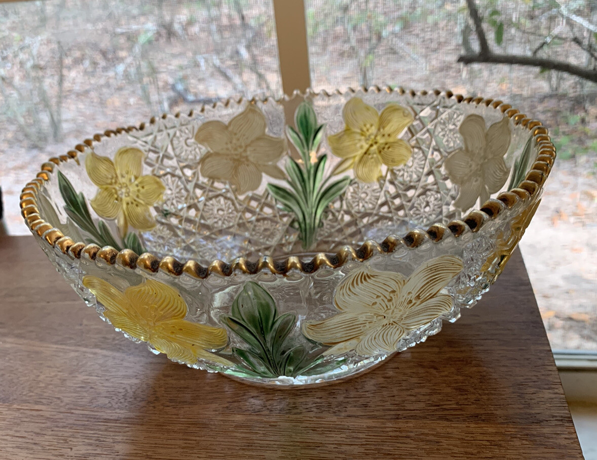 Antique Goofus Glass 9” Pressed Glass Centerpiece Bowl w/Yellow Flowers ...