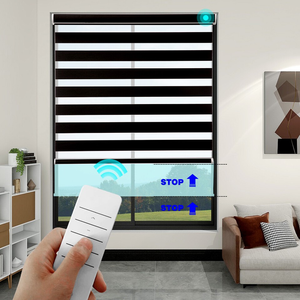 Motorized WIFI Zebra Blind Roller Shade Waterproof 85% Blackout Window ...