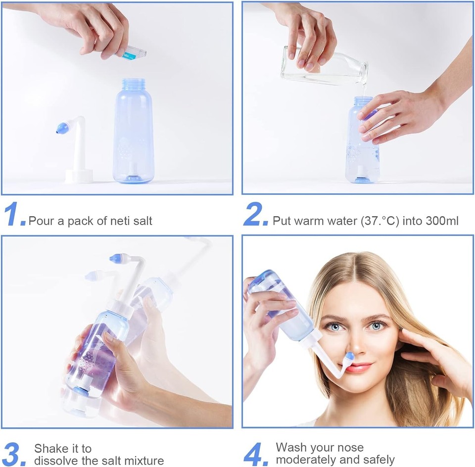 Neti Pot Nasal Irrigation Wash Bottle Sinus 20 Rinse Salt Packets ...