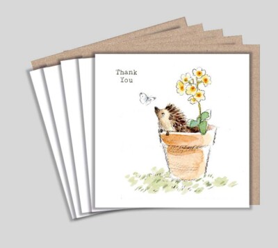 Thank You Notelets Hedgehog in Pot - 5 Illustrated Greeting Cards with ...